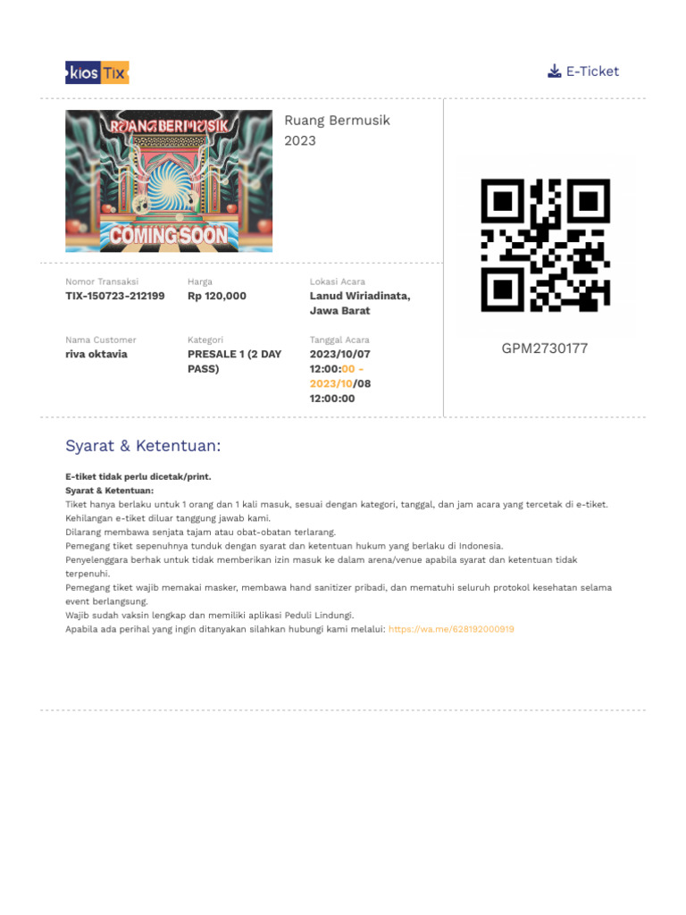 E-Ticket KIOSTIX - Ruang Bermusik 2023 | PDF