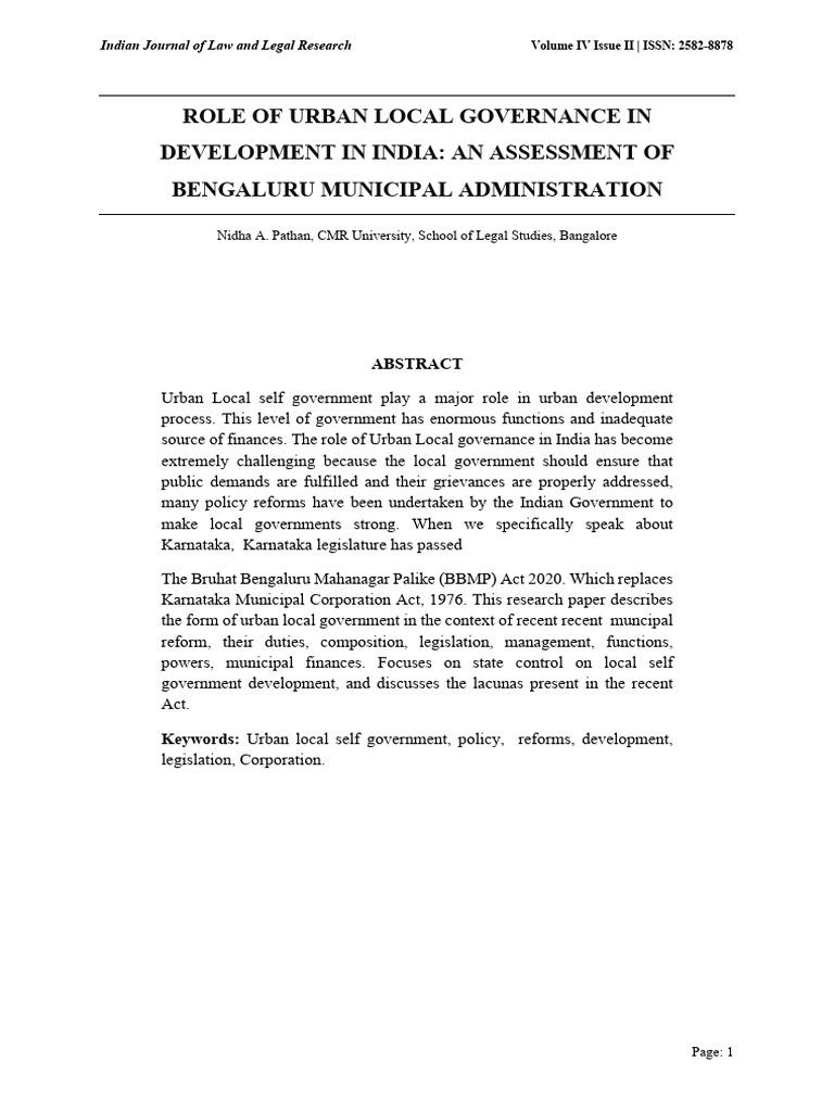 Role of Urban Local Governance in Development in India An Assessment of ...