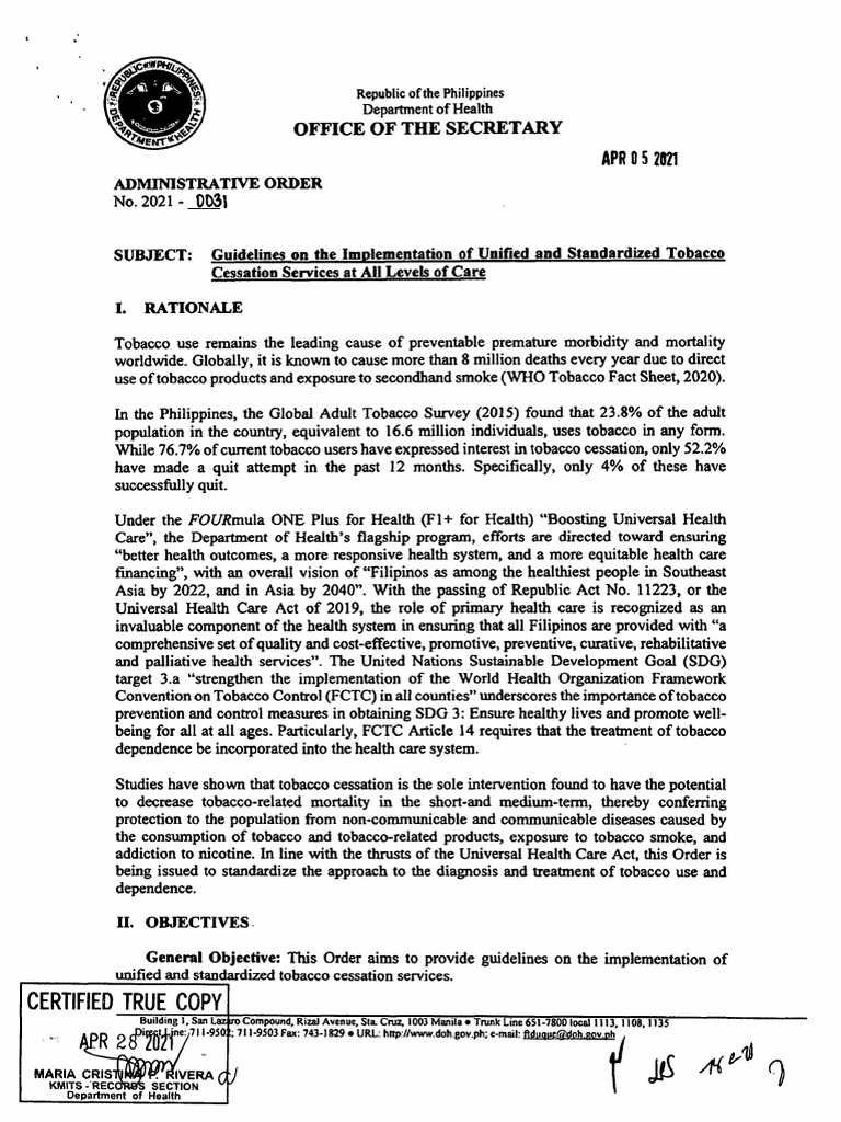 DOH Administrative Order No 2021 0031 | PDF | Smoking Cessation | Health Care