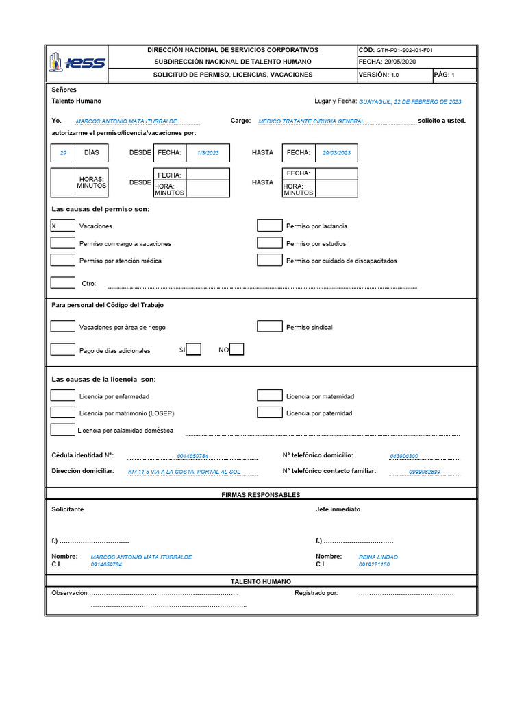 Formato Solicitud Permiso Iess | PDF