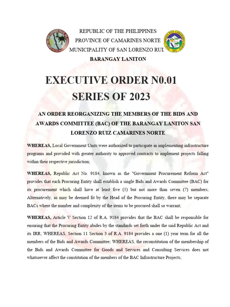Eo No. 1-2023 Bac | PDF | Procurement | Quorum