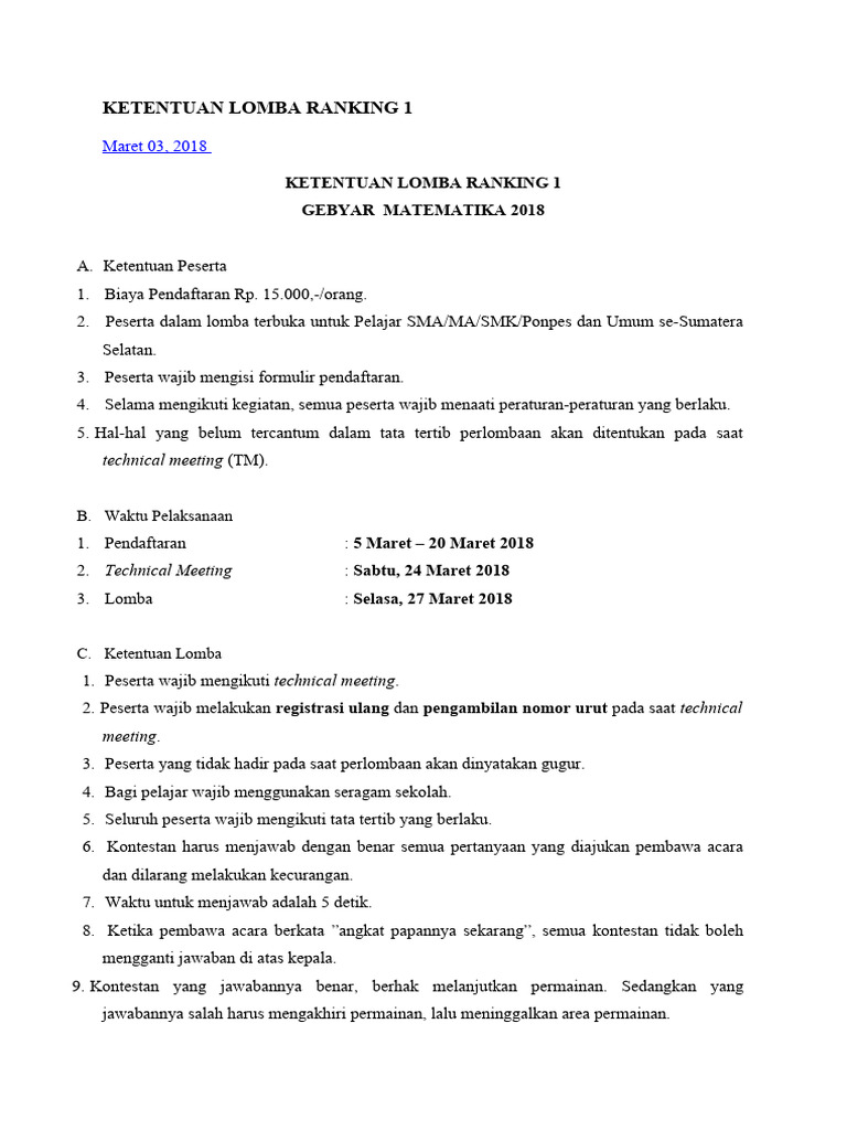 Ketentuan Lomba Ranking 1 | PDF