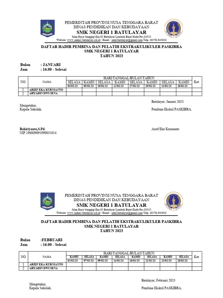 Daftar Hadir Ekstrakurikuler SMKN 1 Batulayar | PDF
