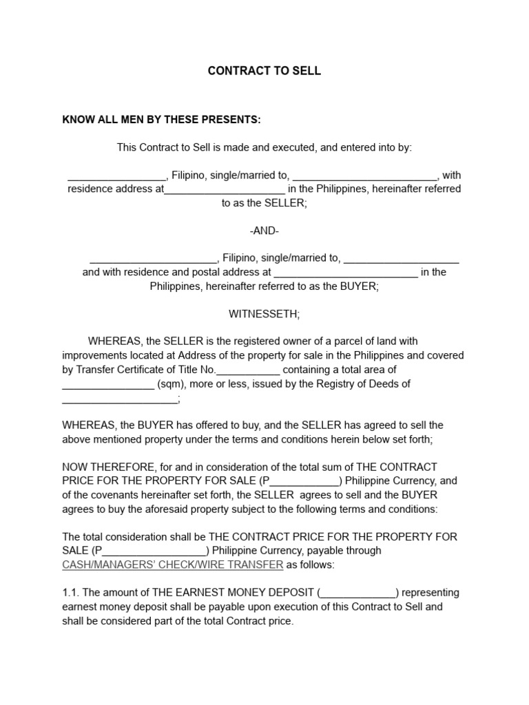 Sample Contract to Sell Property Philippines | PDF | Title (Property ...