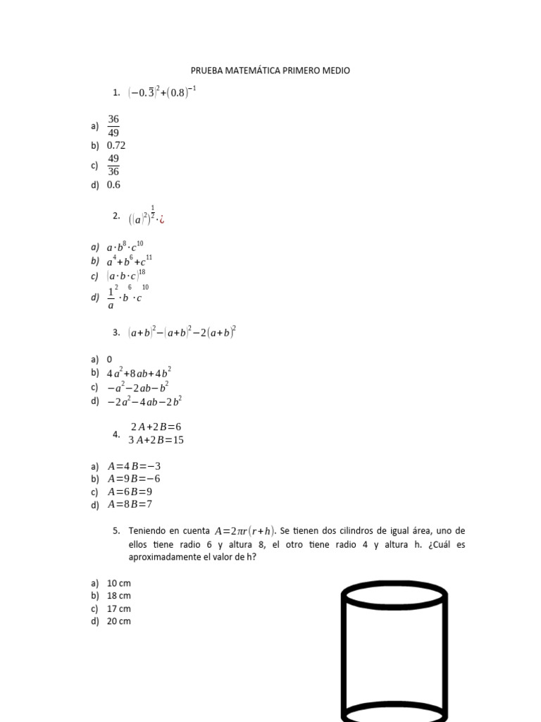 PRUEBA MATEMÁTICA PRIMERO MEDIO | PDF | Entero | Notación Matemática