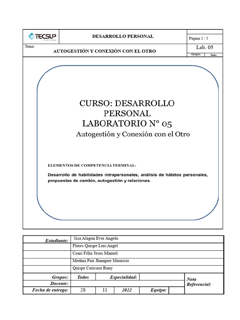 GUÍA Lab. 05 Autogestión y Conexión Con Otros (ACO) | Descargar gratis PDF | Desarrollo personal ...