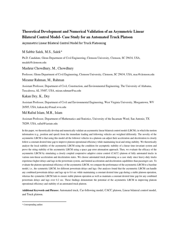 Theoretical Development and Numerical Validation of An Asymmetric Linear Bilateral Control Model ...