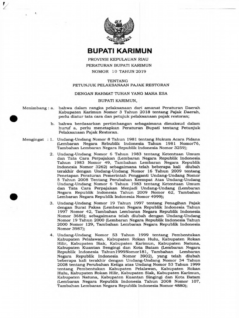 Perbub No 10 THN 2019 Petujuk Pelaksanaan Pajak Restoran | PDF