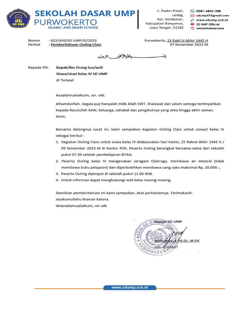 Pemberitahuan Outing Class Kelas IV SD UMP | PDF