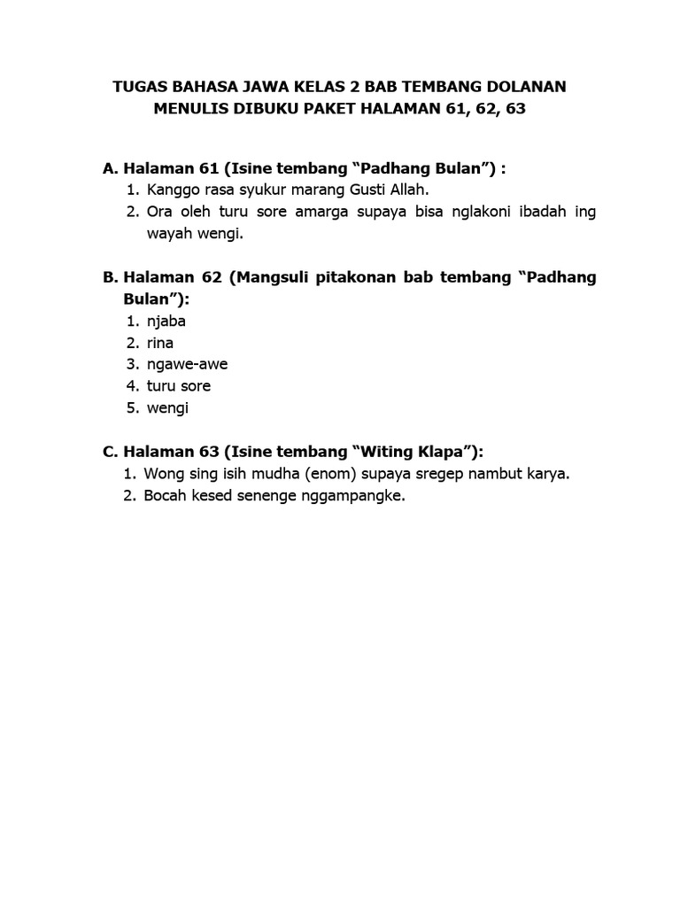 Tugas Bahasa Jawa Kelas 2 Bab Tembang Dolanan | PDF Tugas Bahasa Jawa Kelas 2 Bab Tembang Dolanan | PDF