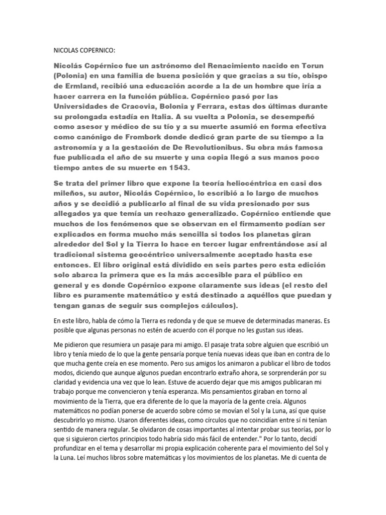 Nicolás Copérnico y la teoría heliocéntrica | PDF | Nicolás Copérnico ...