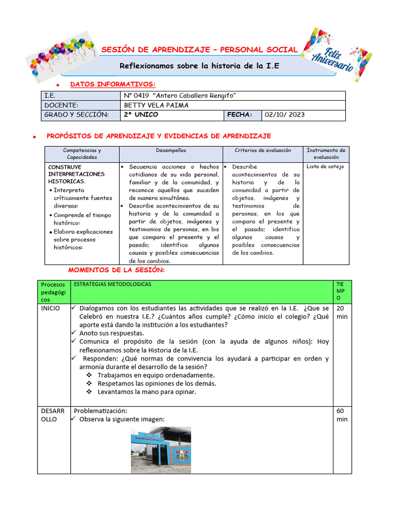 SESIÓN DE APRENDIZAJE - PS. Reflexionamos Sobre La Historia de La I.E | PDF | Aprendizaje ...