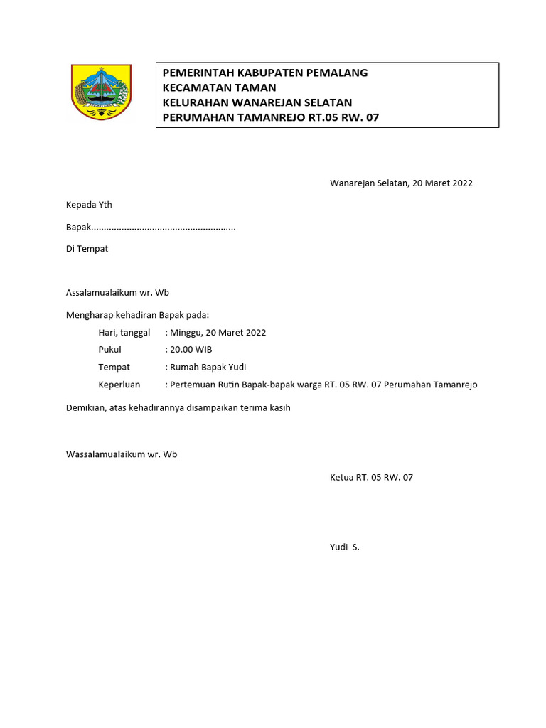 Undangan Pertemuan RT 05 RW 07 | PDF