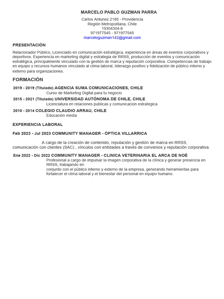 CV - Marcelo Guzmán 2023 | PDF | Chile | Economias