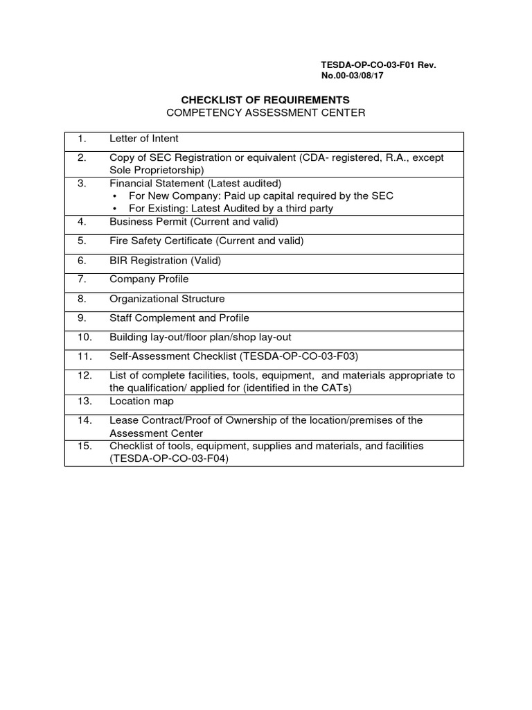 TESDA Accreditation Requirements Checklist | PDF | Telephone | Balance ...