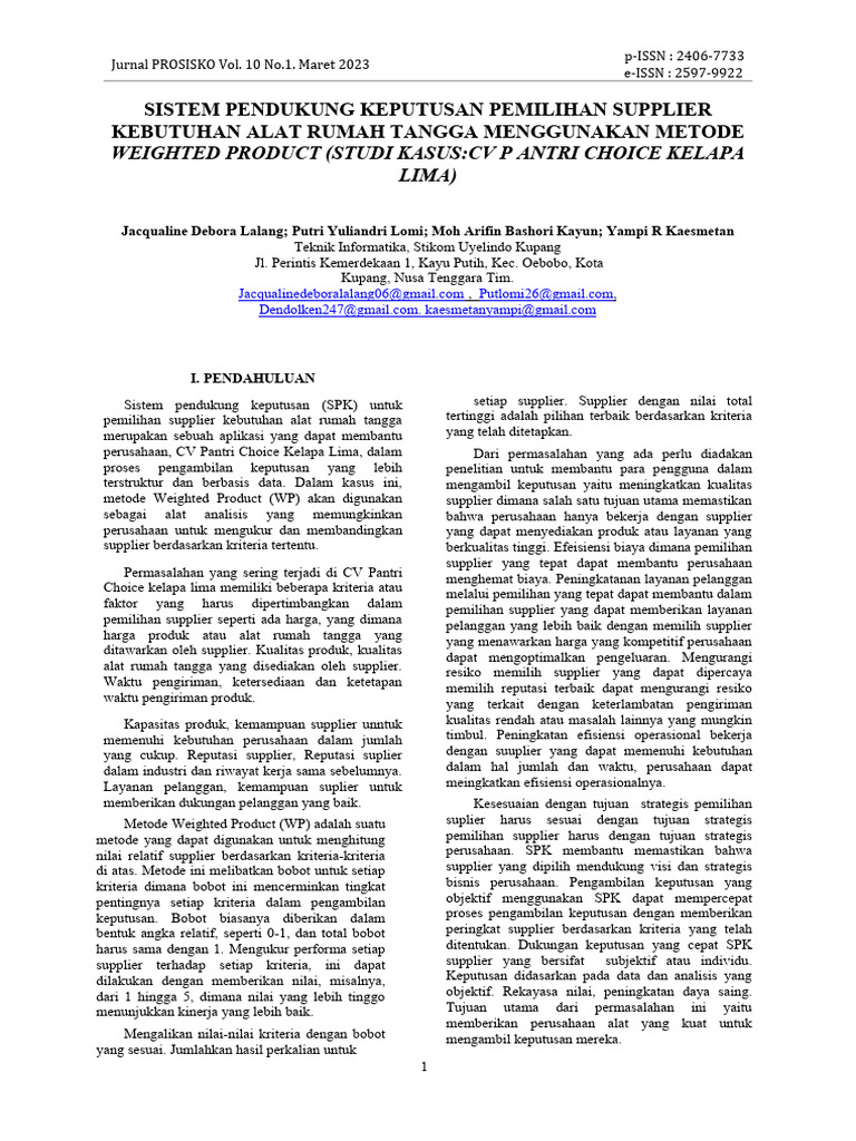 Weighted Product (Studi Kasus:Cv P Antri Choice Kelapa Lima) | PDF