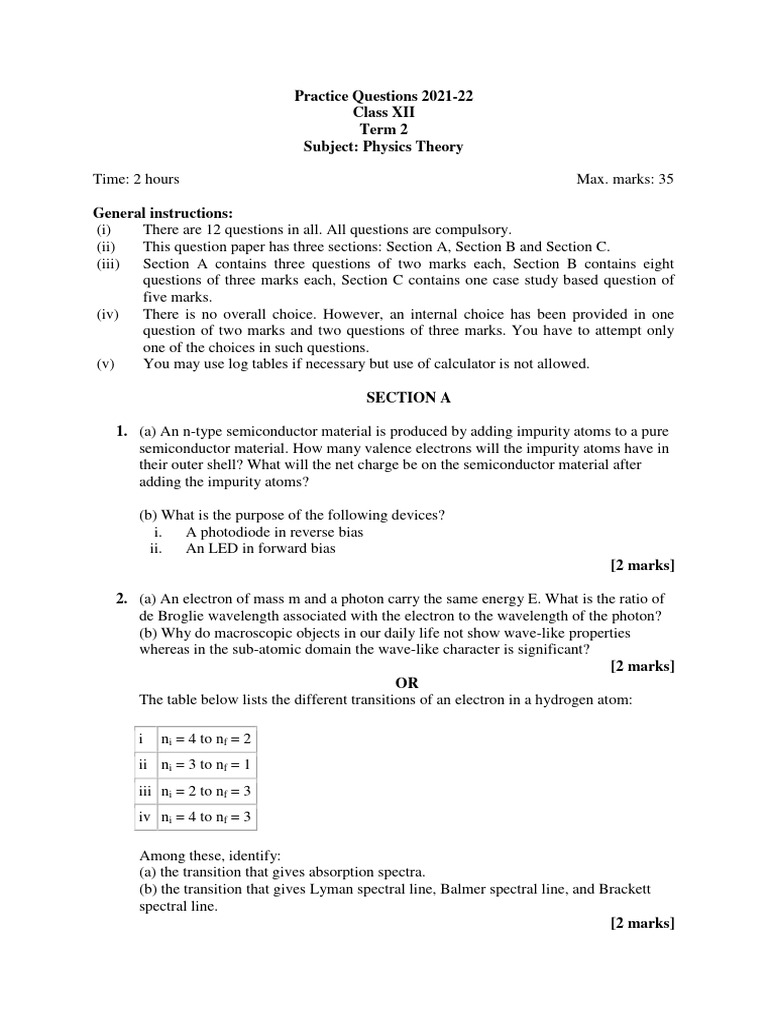 Class XII Physics Practice Paper | PDF | Electron | Refractive Index