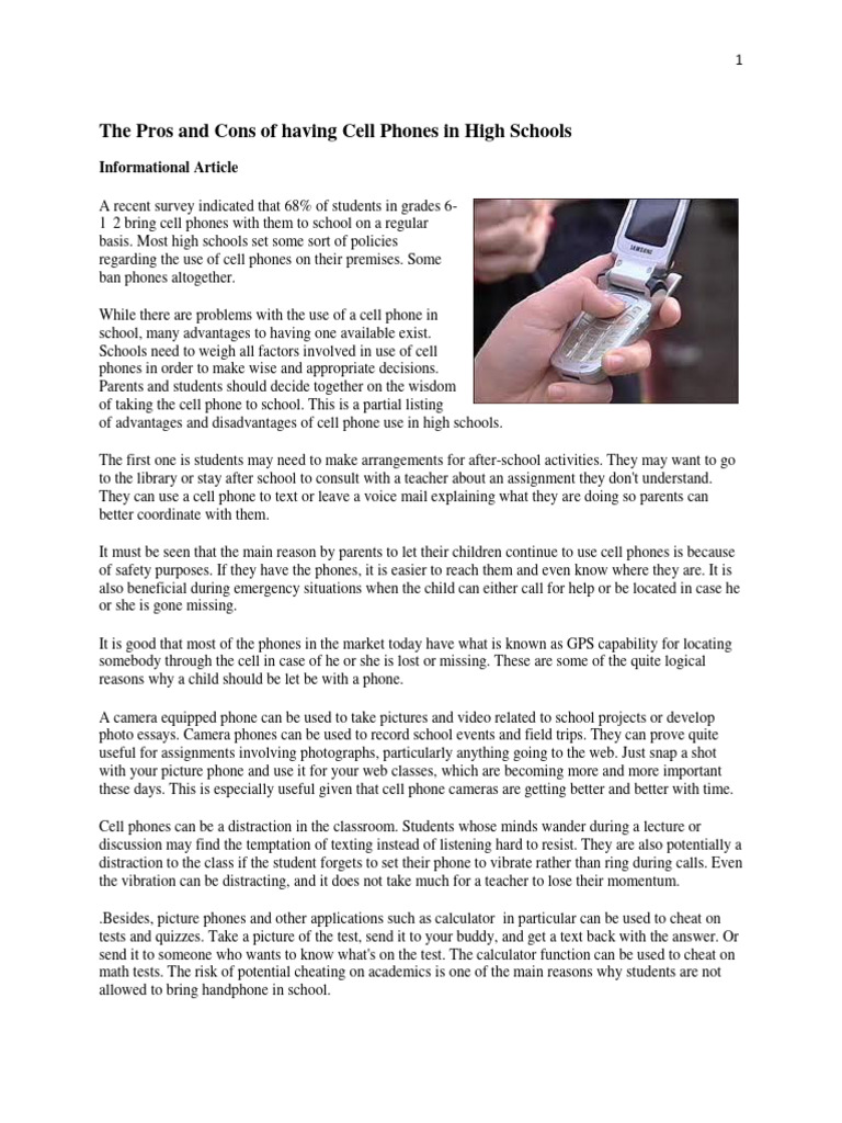 The Pros and Cons of Having Cell Phones in High Schools | PDF | Mobile ...