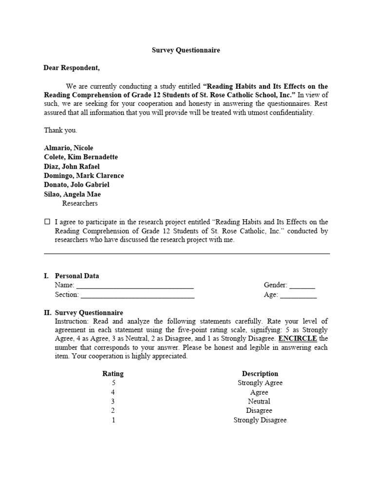 Survey Questionnaire | PDF | Reading Comprehension | Human Communication