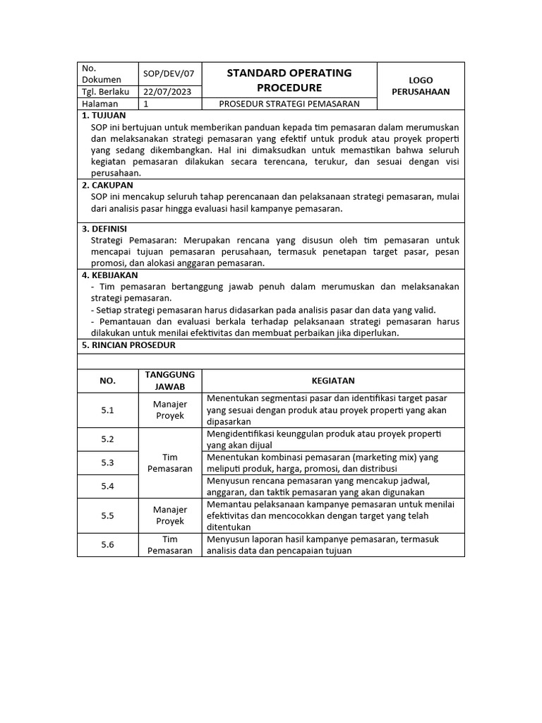 SOP Strategi Pemasaran | PDF