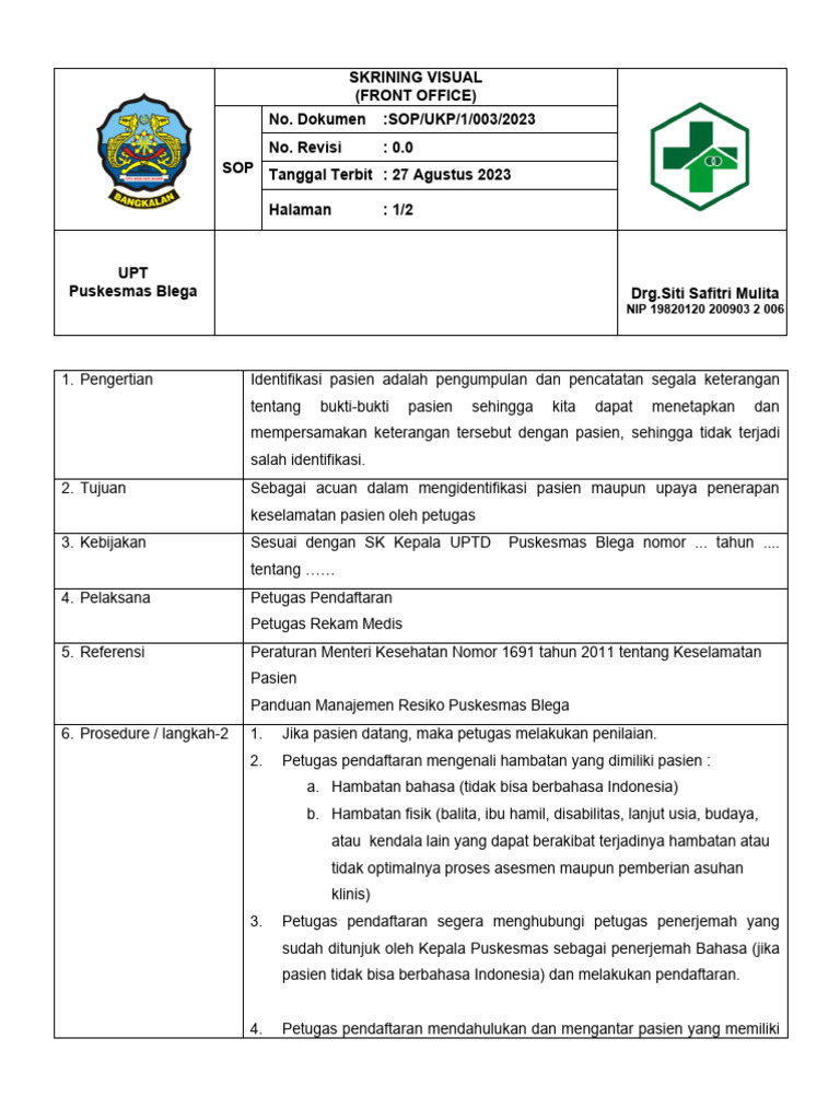 SOP Skrining Visual Puskesmas | PDF