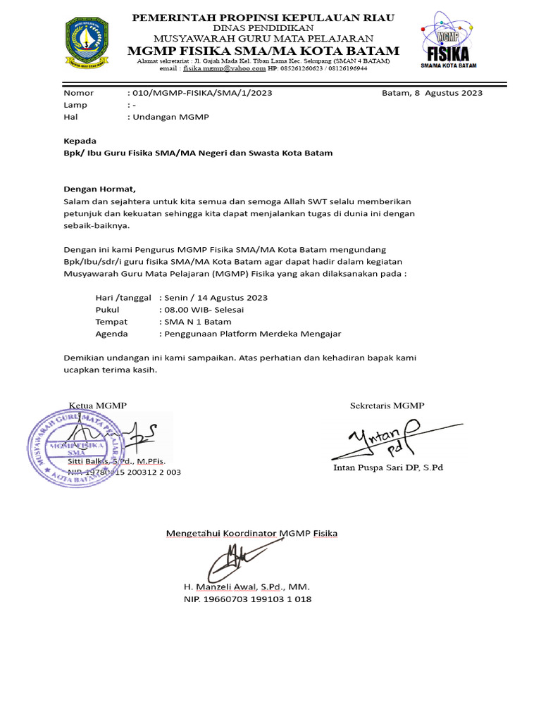 Undangan MGMP SMA 1 BATAM | PDF