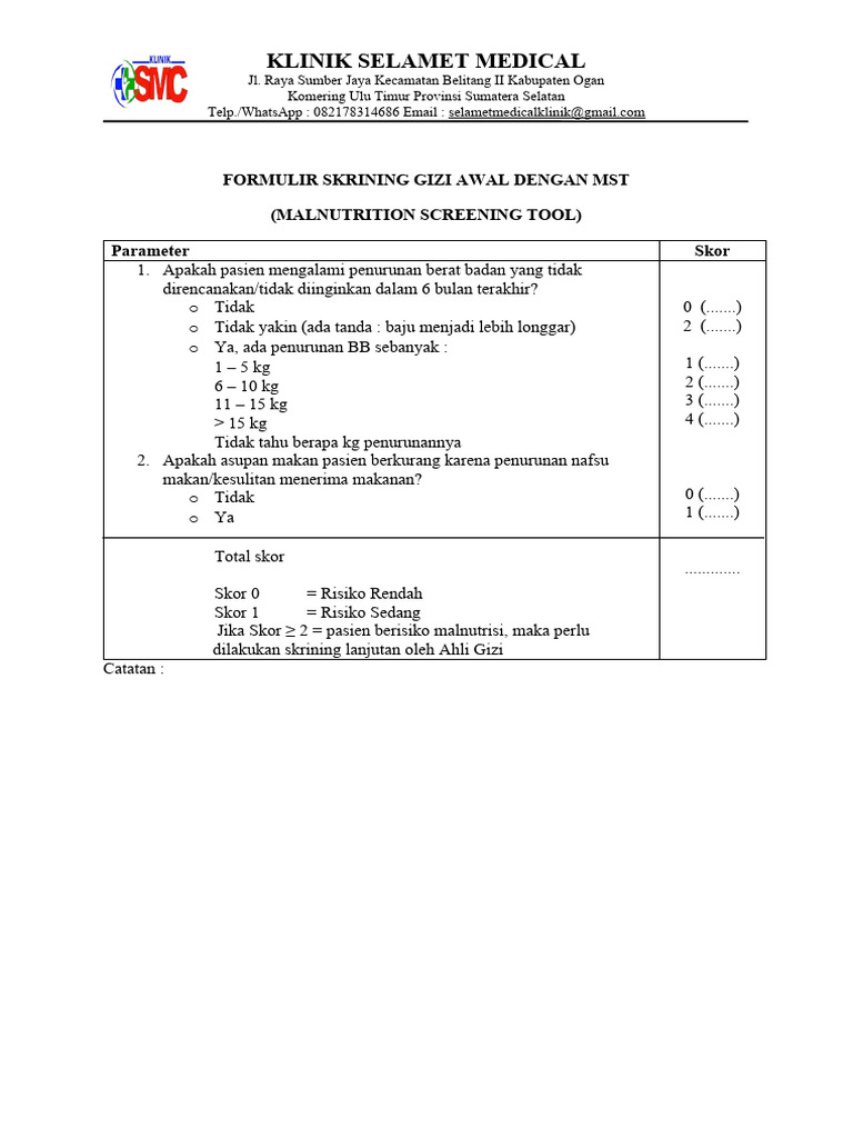 Formulir Skrining Gizi Awal Dengan MST | PDF Formulir Skrining Gizi Awal Dengan MST | PDF