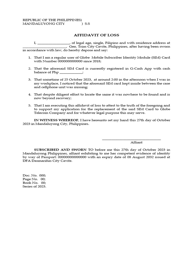 Affidavit of Loss Sim Card Draft | PDF