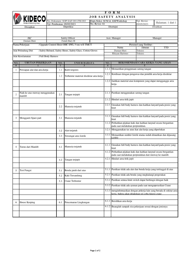 SOP - SAF-001-FM-002 FORM JSA Rev 02 - Upgrade Control Hoist OHC SWL 5 Ton TMCT | PDF