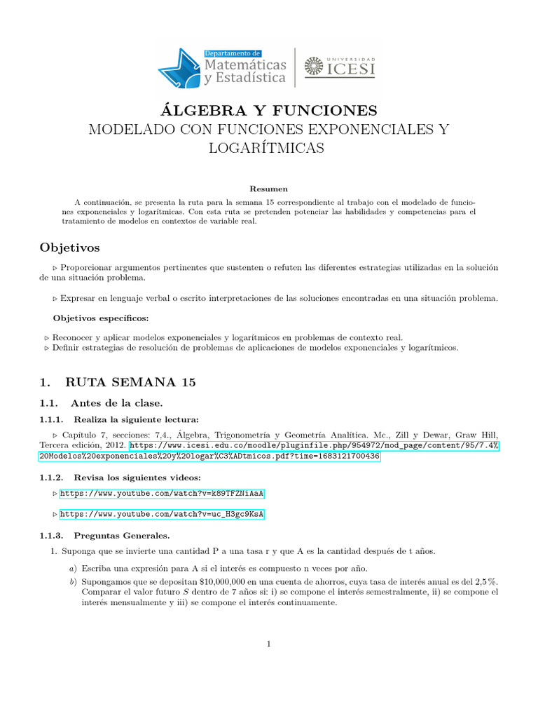 Ruta Sem15 Modelos Exp y Log | PDF | Funcion exponencial | Logaritmo