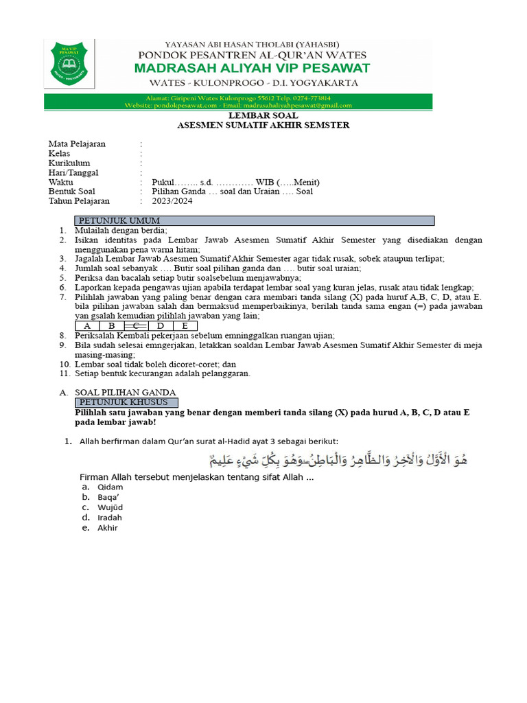 Draf Lembar Soal Asesmen Sumatif Ganjil 2023-2024 | PDF