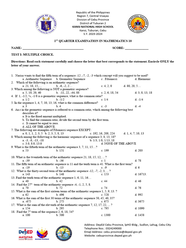 PT - Mathematics 10 - Q1 | PDF | Mathematical Concepts | Arithmetic