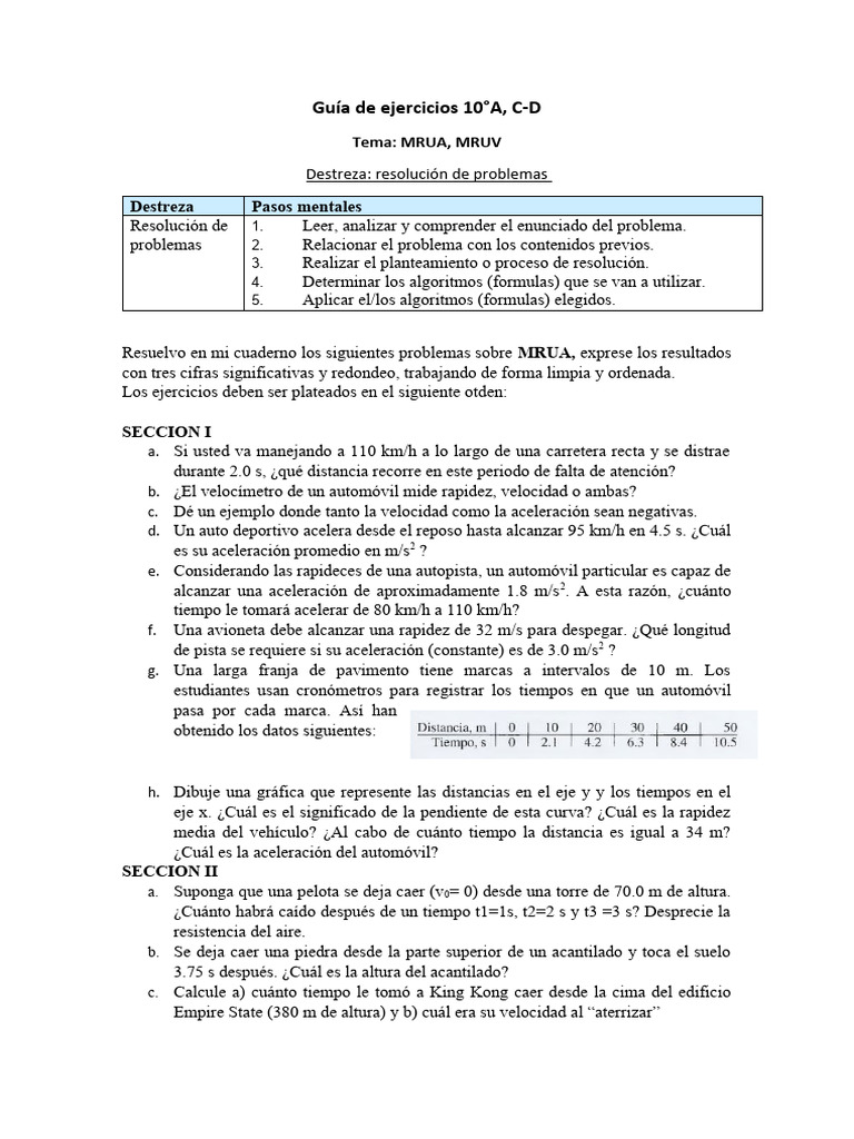 Ejercicios de MRUA y MRUV para 10°A | PDF | Aceleración