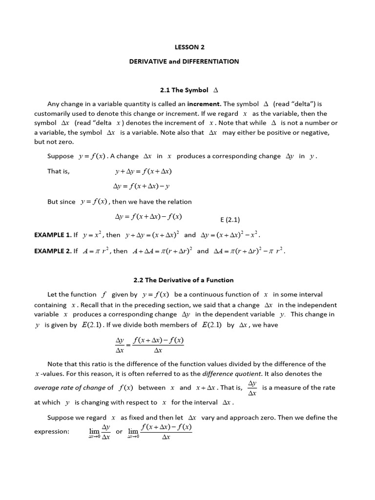 Lesson 2 Derivatives And Differentiation September 16 2023 Pdf