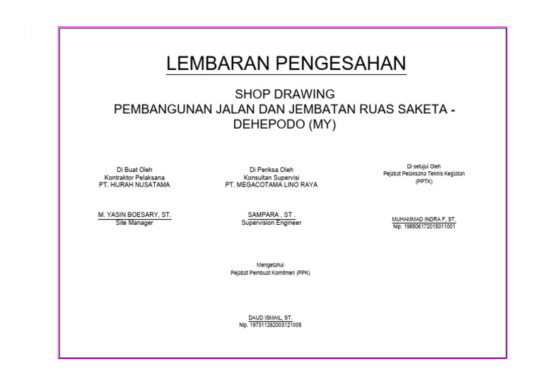 Lembaran Pengesahan: Shop Drawing Pembangunan Jalan Dan Jembatan Ruas ...