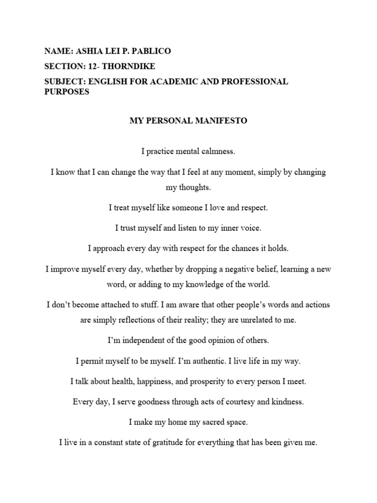 Personal Manifesto | PDF | Cognition | Psychology