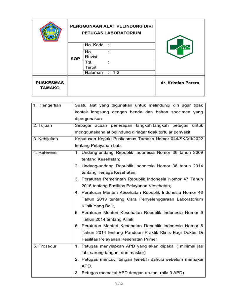 SOP APD Petugas Lab Puskesmas | PDF | Kesehatan Holistik