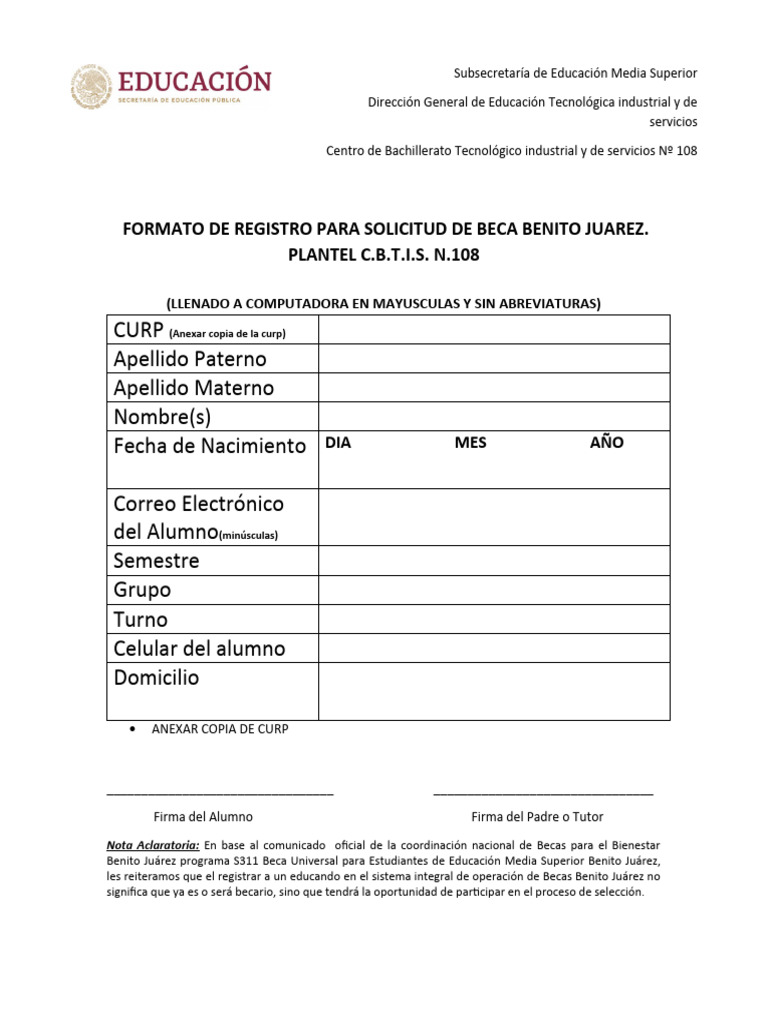 formato para solicitud de beca benito juarez 2023 | PDF