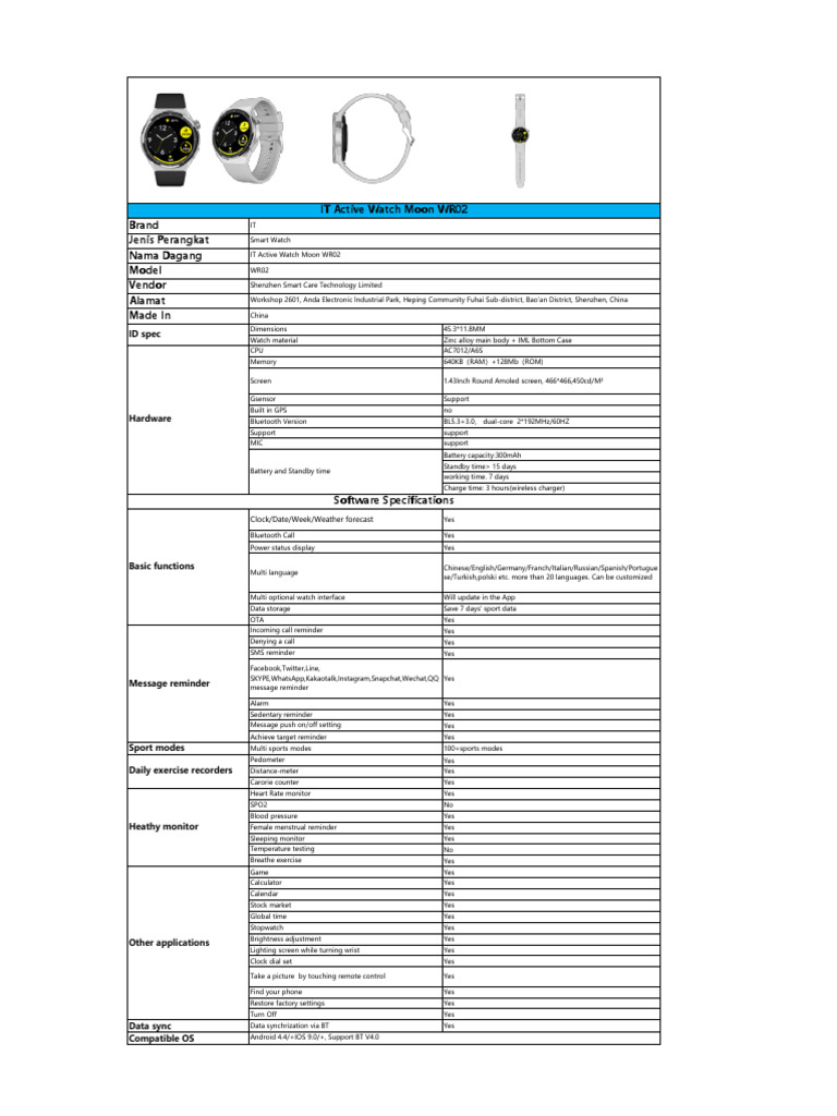 IT Active Watch Moon WR02 Specs | PDF | Smartwatch | Mobile Computers