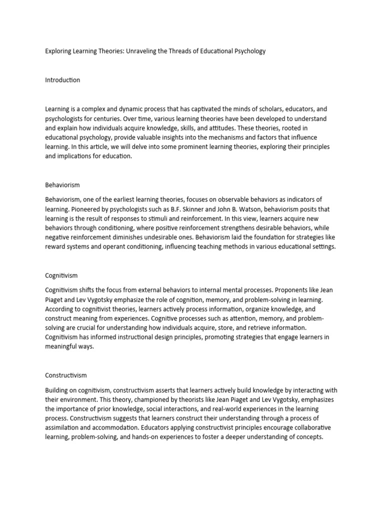 Exploring Learning Theories Unraveling The Threads of Educational Psychology | PDF | Learning ...