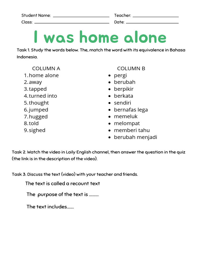 Worksheet I Was Home Alone | PDF