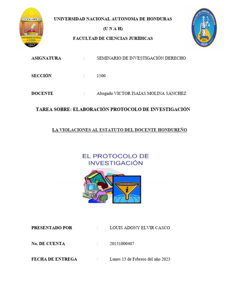 Tarea Protocolo de Investigación Louis Elvir | PDF | Honduras | Maestros