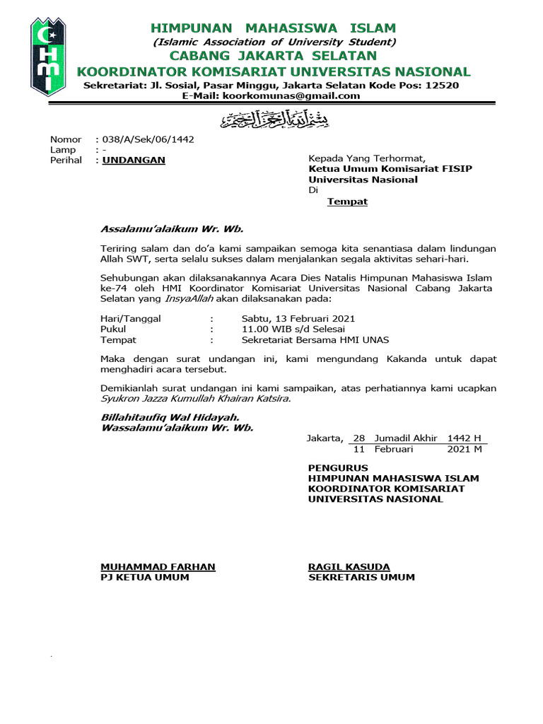 Contoh Surat Undangan HMI Koordinator Ko | PDF
