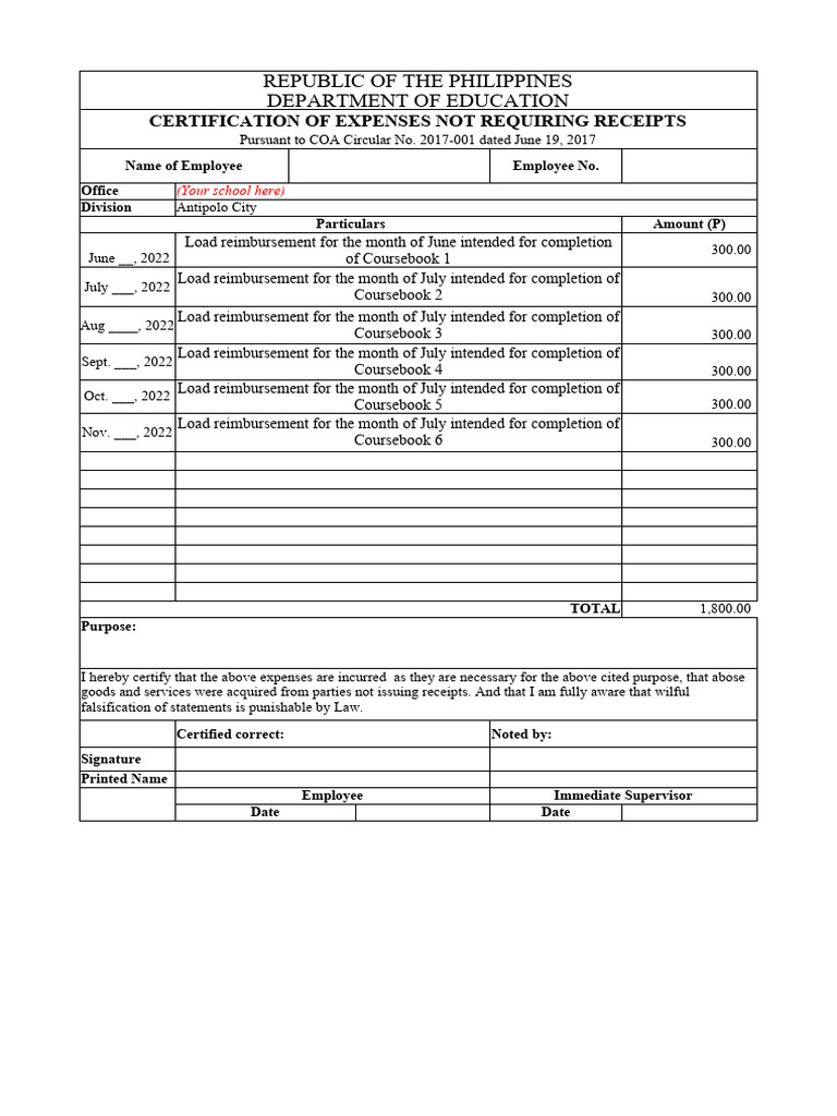 Certificate of Expenses Not Requiring Receipts | PDF | Expense