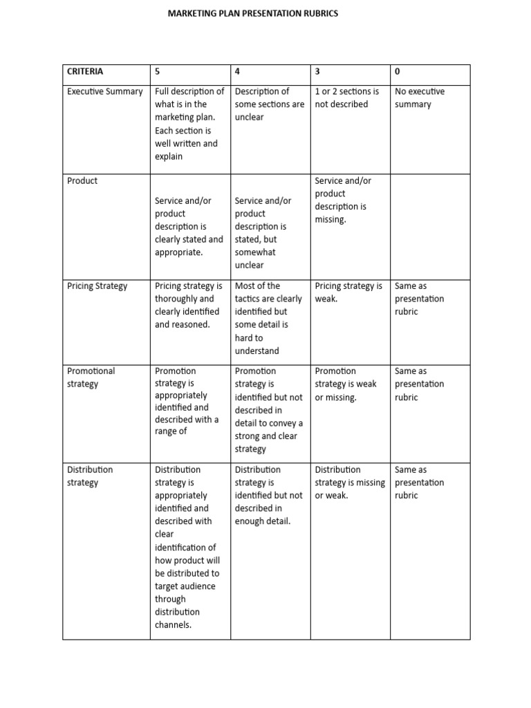 Marketing Plan Presentation Rubrics | PDF | Marketing | Target Audience