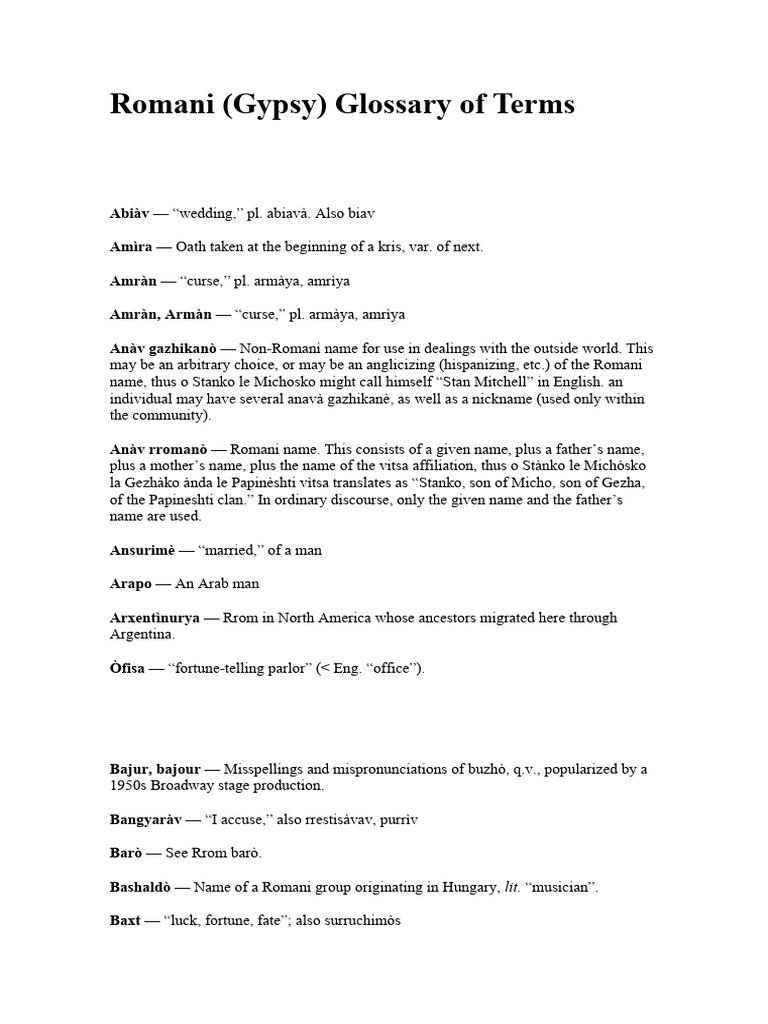 Romani Glossary of Gypsy Terms | PDF | Romani People | Romani