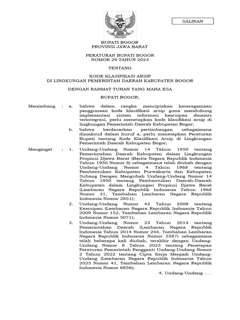 PERBUP No. 29 Tahun 2023 Tentang Kode Klasifikasi Arsip Di Lingkungan Pemerintah Daerah ...