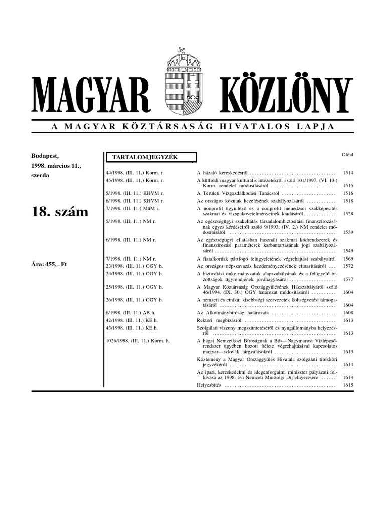 Magyar Közlöny 1998. évi 18. szám | PDF
