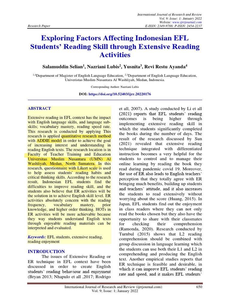 (V) Exploring Factors Affecting Indonesian EFL Students' Reading Skill ...