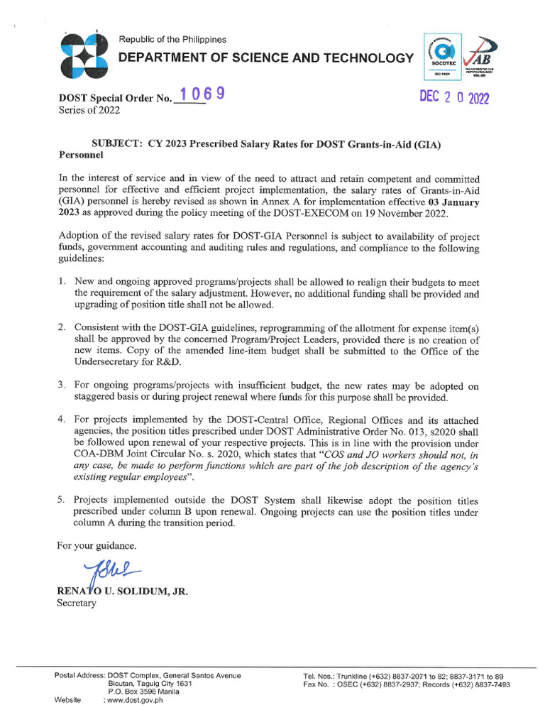 2023 DOST GIA Salary Rates SO 1069 SPD 22 01588 1 4 | PDF